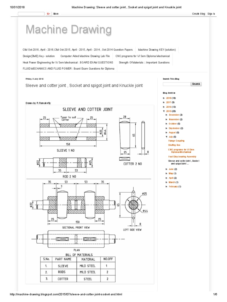 Machine Drawing - Sleeve and Cotter Joint, Socket and Spigot Joint and ...