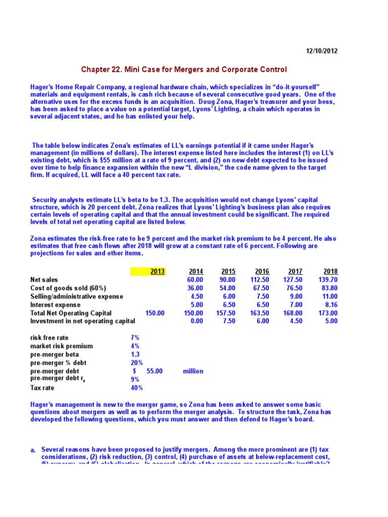 Ch22 Mini Case | PDF | Goodwill (Accounting) | Mergers And Acquisitions