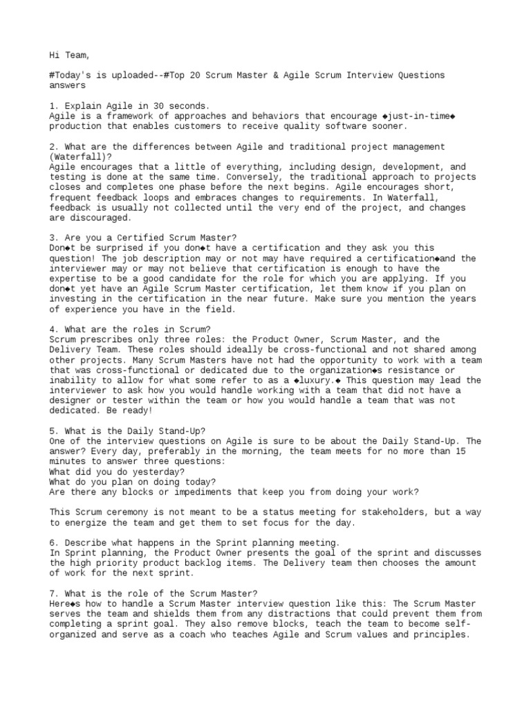 Top 20 Scrum Master & Agile Scrum Interview Questions | PDF | Scrum (Software Development ...