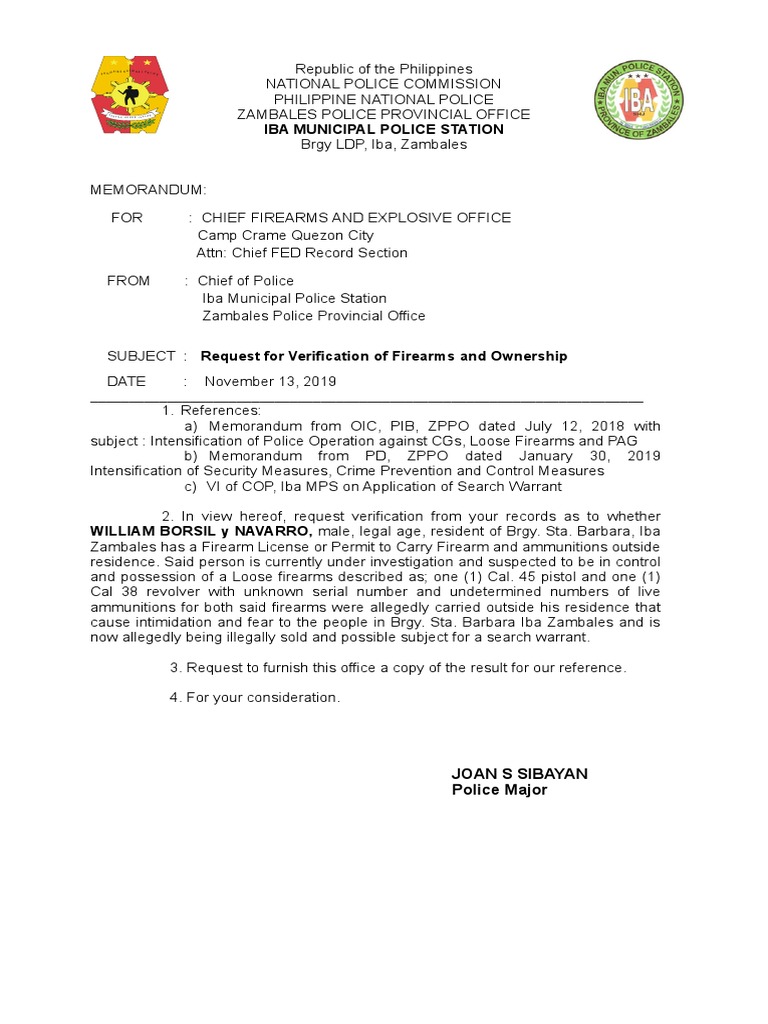 Firearms Verification Request Memorandum | PDF | Firearm Laws | Law