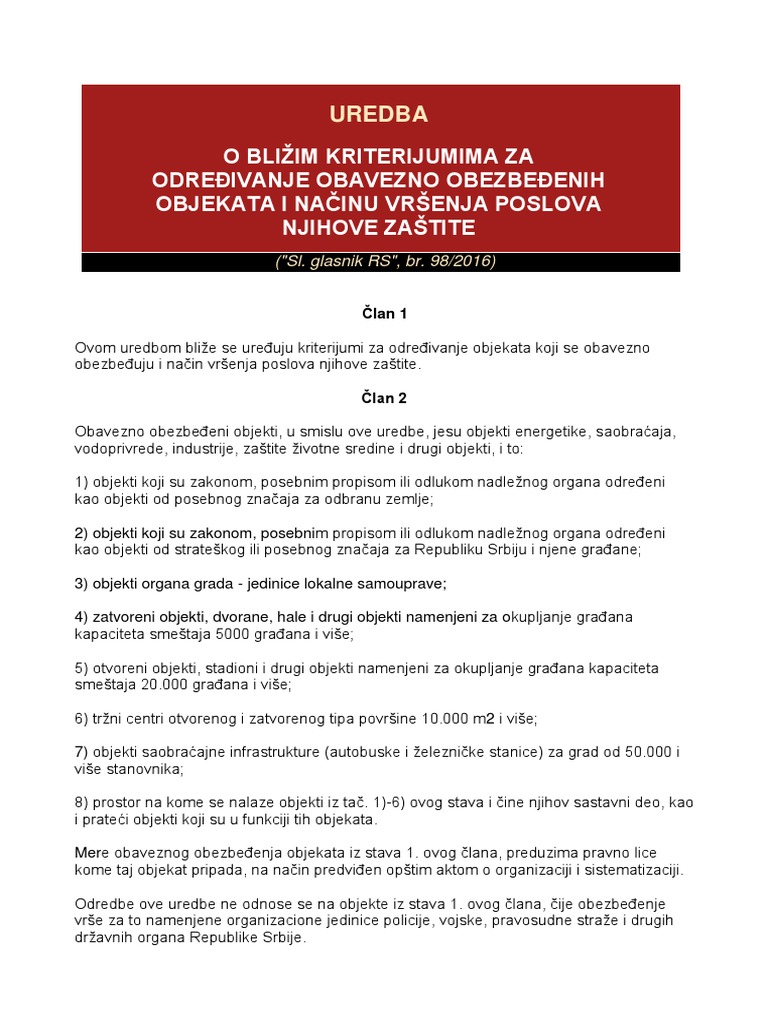 Uredba o Bližim Kriterijumima Za Određivanje Obavezno Obezbeđenih Objekata I Načinu Vršenja ...
