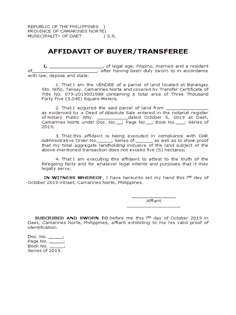 Affidavit of Transferee | PDF