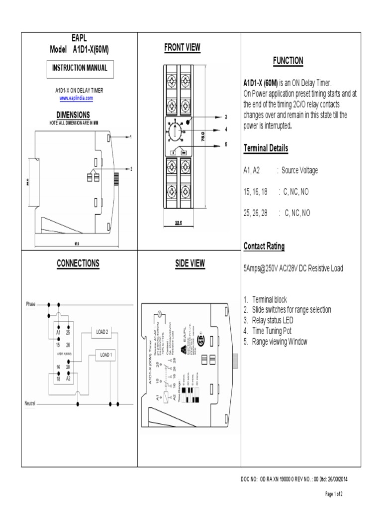 EAPL A1D1-X ON DELAY TIMER MANUAL | PDF | Relay | Switch