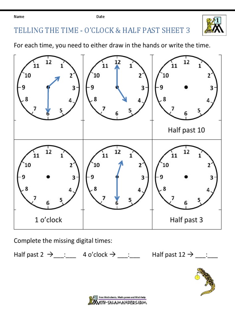 Telling Time: O'Clock & Half Past Worksheet | PDF | Language Arts ...