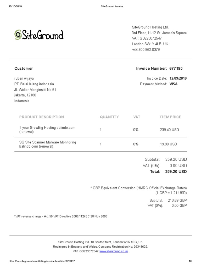 SiteGround Invoice | PDF | Value Added Tax | Invoice