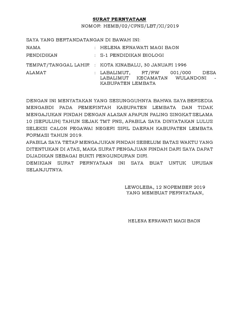 Surat Pernyataan Mengabdi | PDF | Hukum