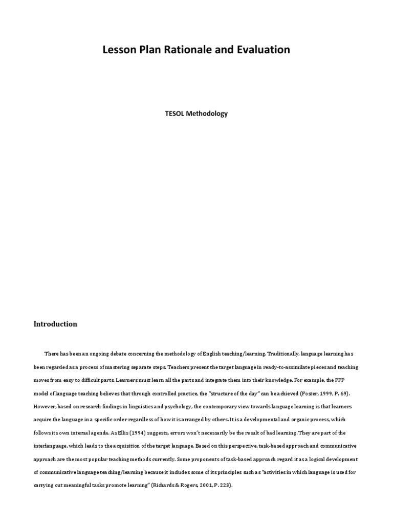 Lesson Plan Rationale and Evaluation: TESOL Methodology | PDF | Second ...