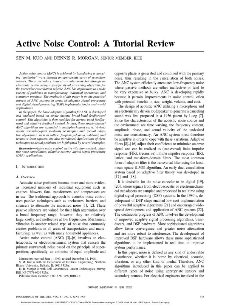 Active Noise Control: A Tutorial Review: Sen M. Kuo Dennis R. Morgan | PDF | Filter (Signal ...