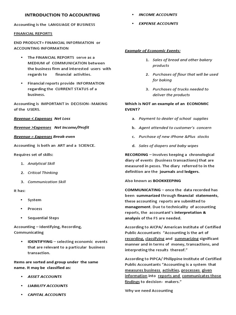 Introduction To Accounting: Example of Economic Events | PDF ...