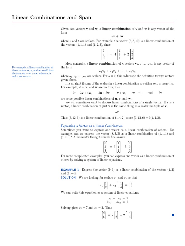 Linear Combinations and Span Revised | PDF | Vector Space | Plane ...