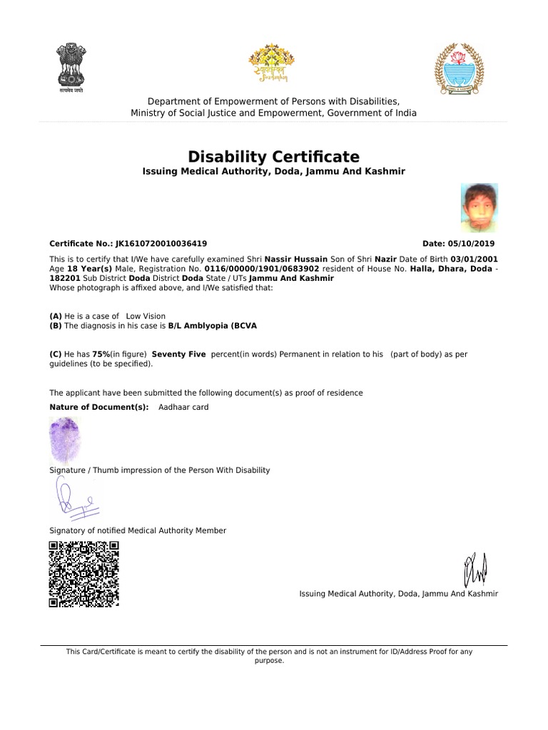 Disability Certificate Issued for Nassir Hussain Diagnosing Low Vision ...
