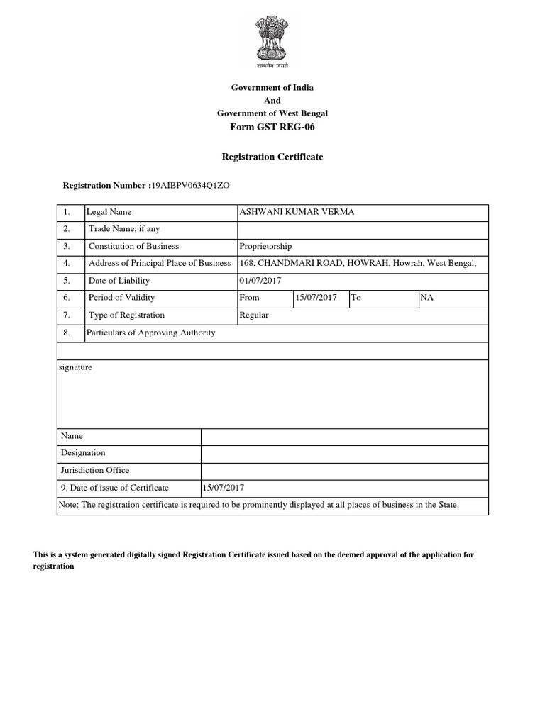 Government of India and Government of West Bengal: Form GST REG-06 | PDF