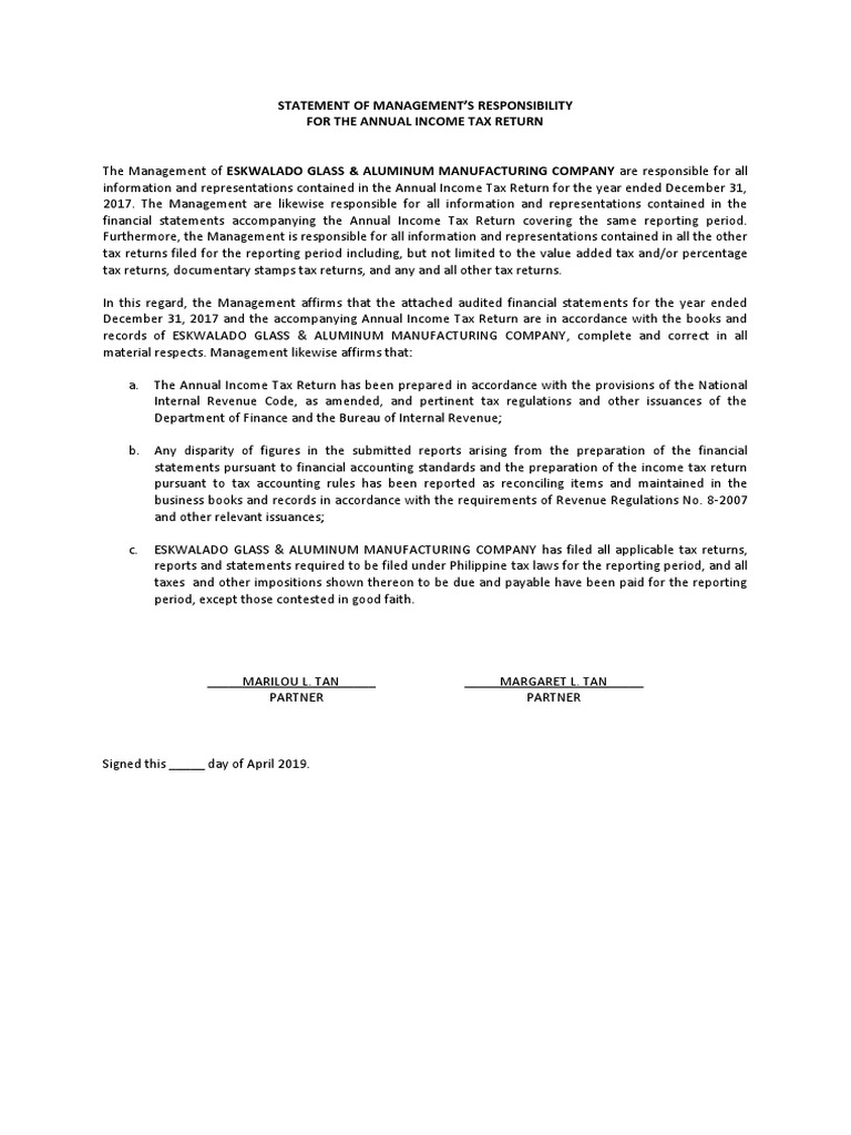 Statement of Management'S Responsibility For The Annual Income Tax ...