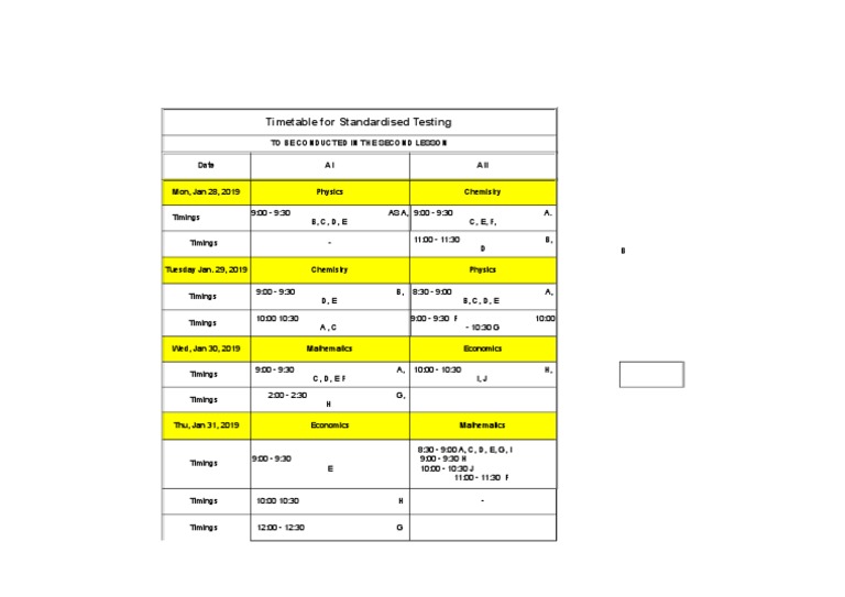 Timetable For Standardised Testing | PDF