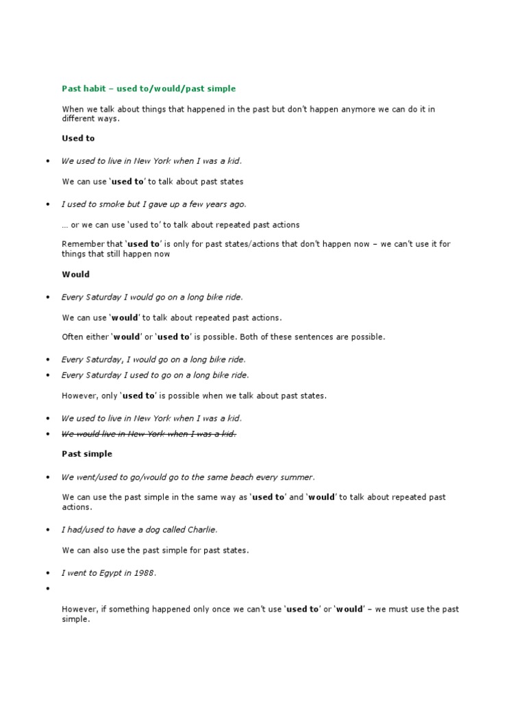 Past Habit - Used To/would/past Simple | PDF