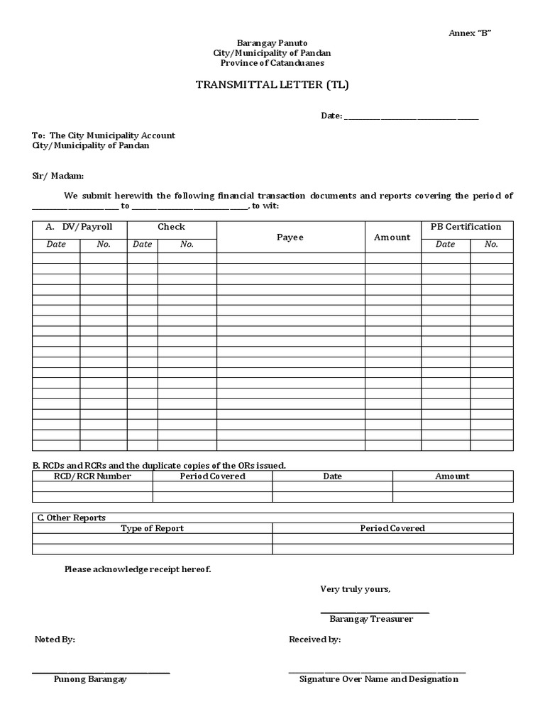 Transmittal Letter (TL) : A. DV/Payroll Check Payee Amount PB ...