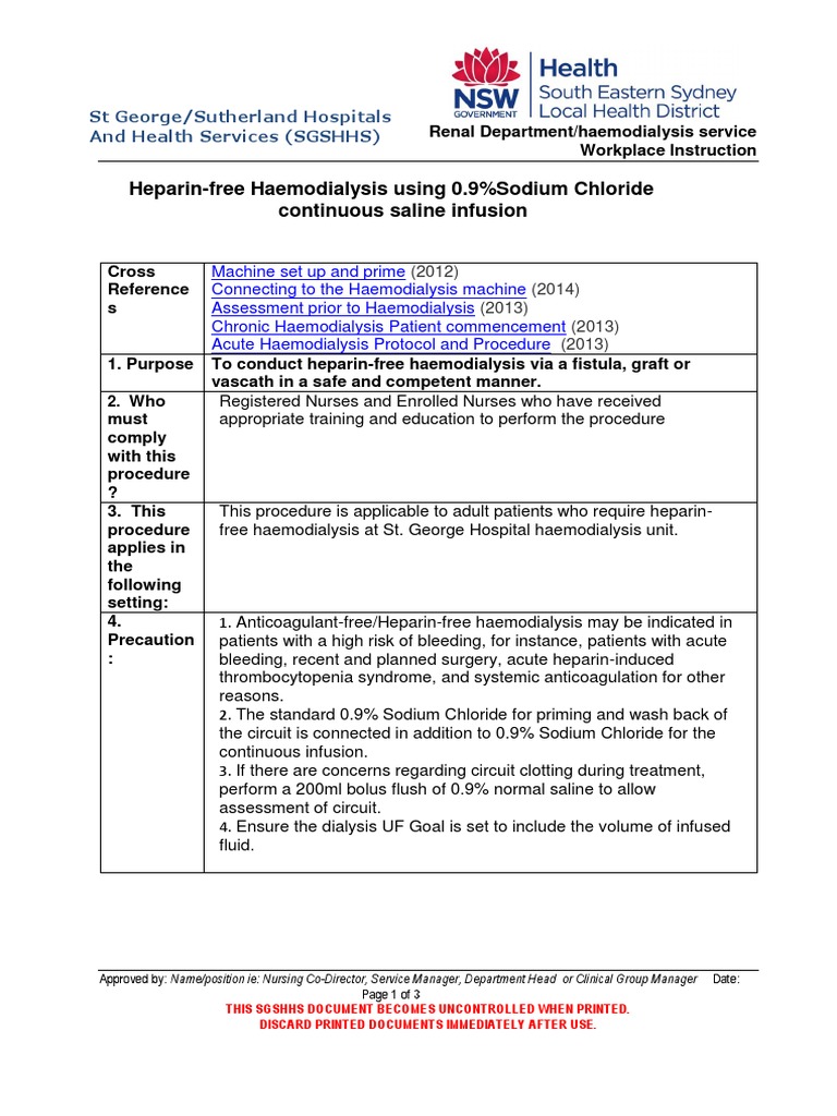 Heparin-Free Protocol New - CSI PDF | PDF | Hemodialysis | Intravenous Therapy