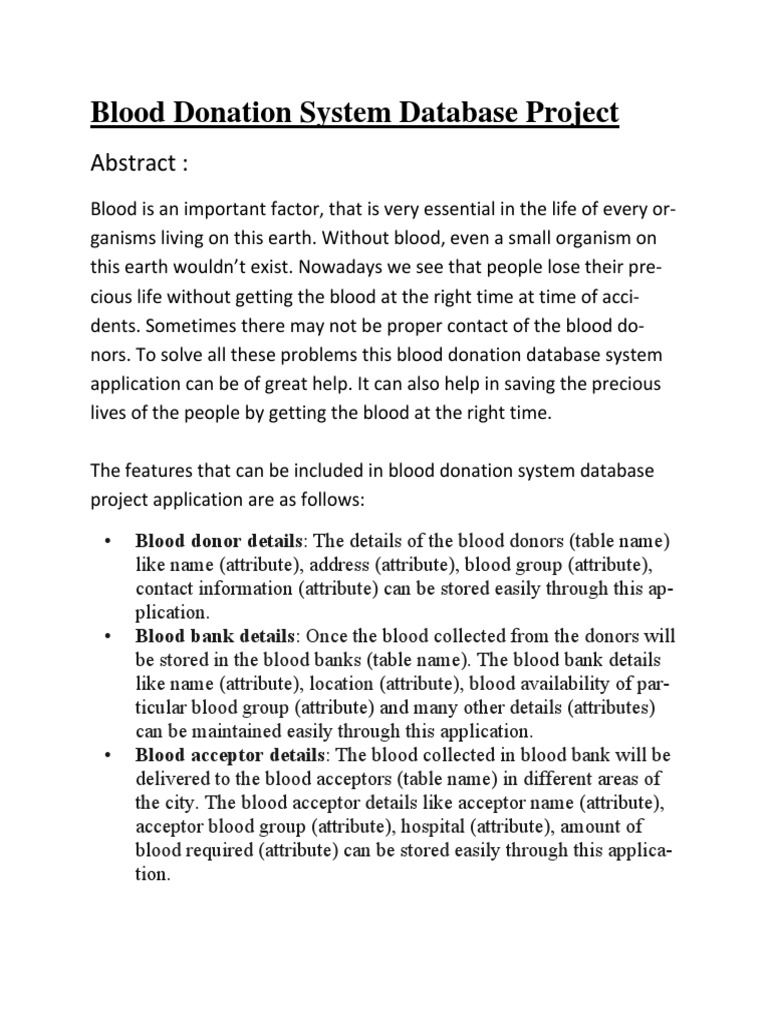 Blood Donation System Database Project: Abstract | PDF