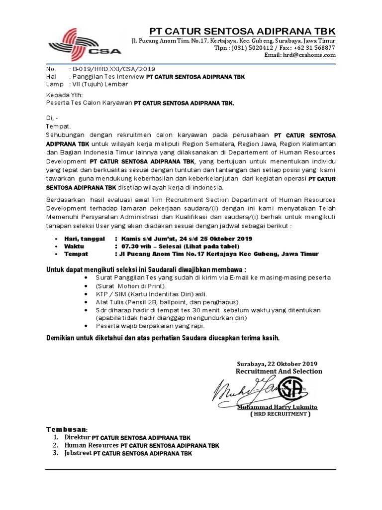 Panggilan Tes Interview PT Catur Sentosa | PDF