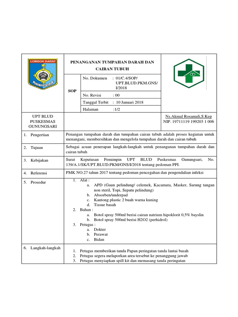 Sop Penanganan Tumpahan Darah Dan | PDF
