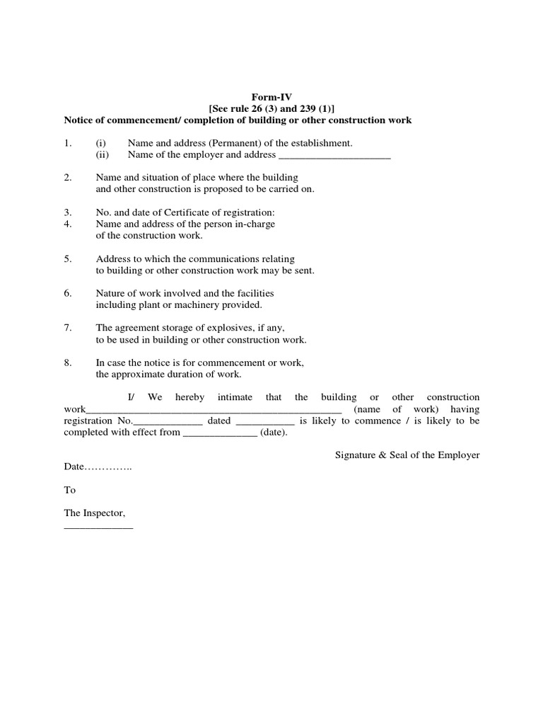 Form-IV (See Rule 26 (3) and 239 (1) ) Notice of Commencement ...