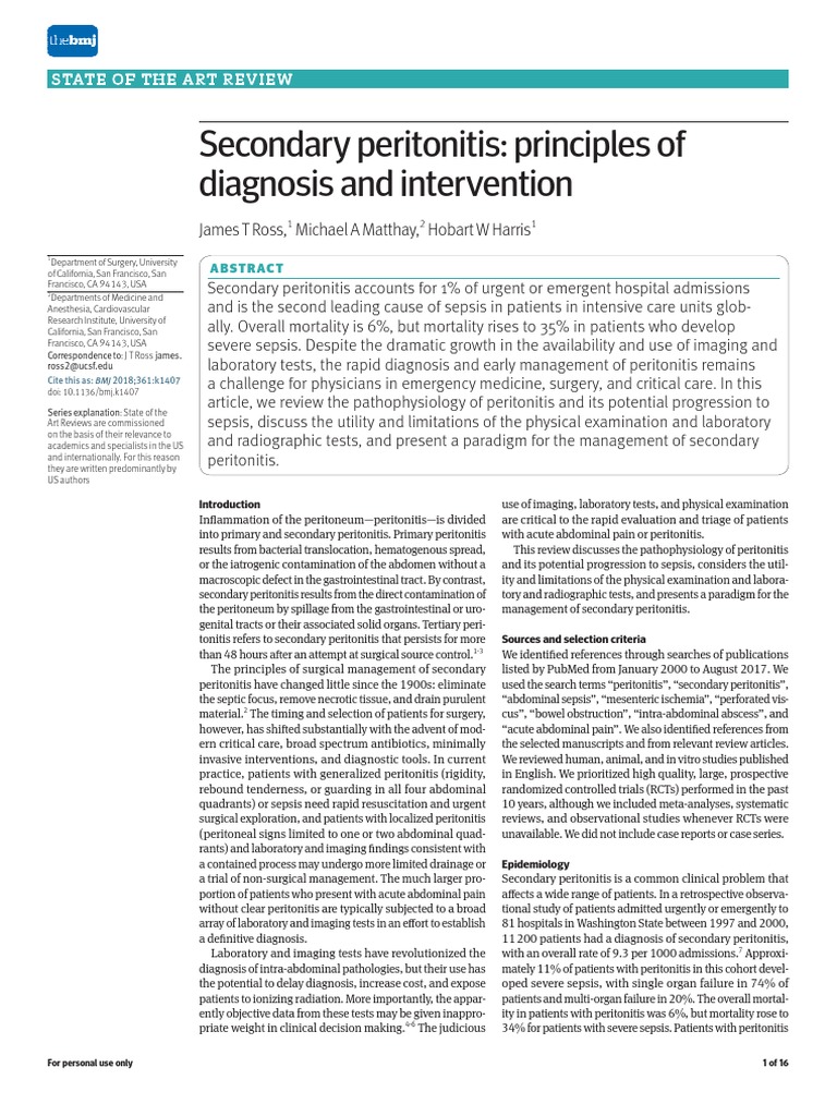 Secondary Peritonitis: Principles of Diagnosis and Intervention | PDF ...