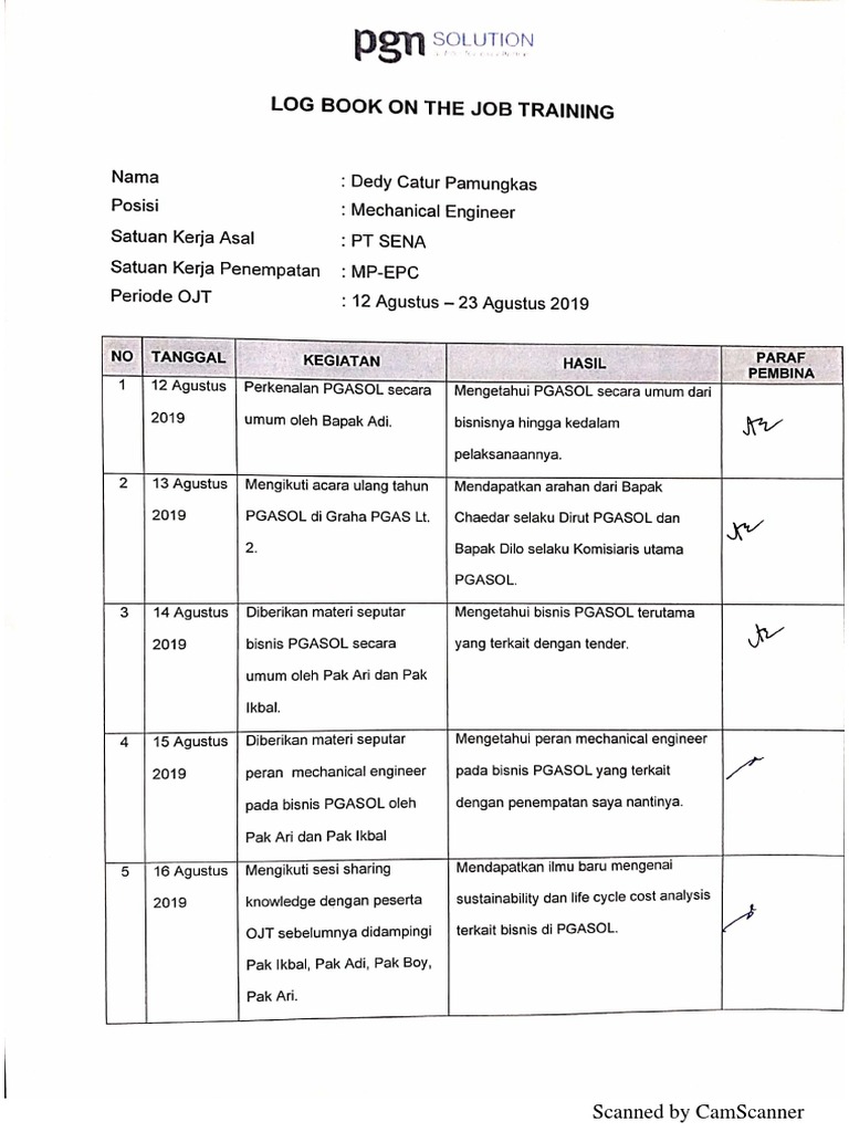 Log Book OJT PGAS Solution 2019 - Dedy Catur Pamungkas | PDF