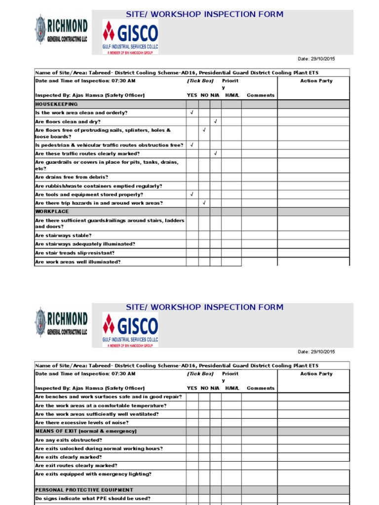 Site/ Workshop Inspection Form | PDF | Personal Protective Equipment ...