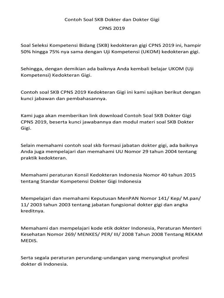 Contoh Soal SKB Dokter Dan Dokter Gigi CPNS 2019 PDF | PDF | Kesehatan Holistik