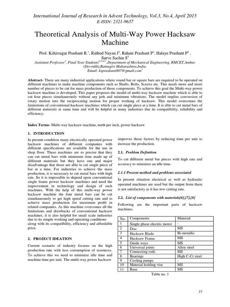 Theoretical Analysis of Multi-Way Power Hacksaw Machine | PDF | Machines | Electric Motor