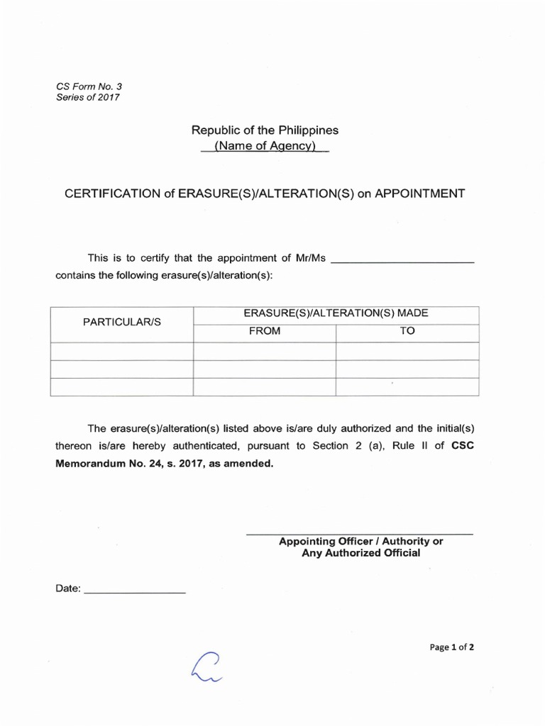 CS Form No. 3 Series of 2017 Certification of Erasure(s) or Alteration ...