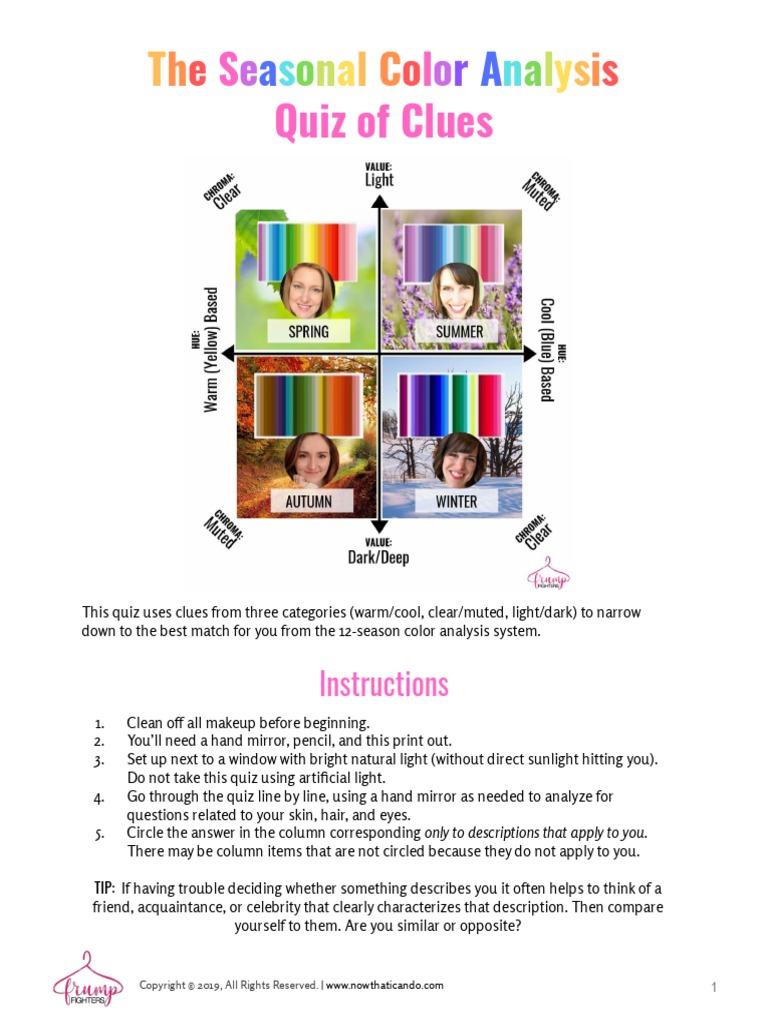 Seasonal Color Analysis Quiz Worksheet Printable | PDF | Brown | Eye Color