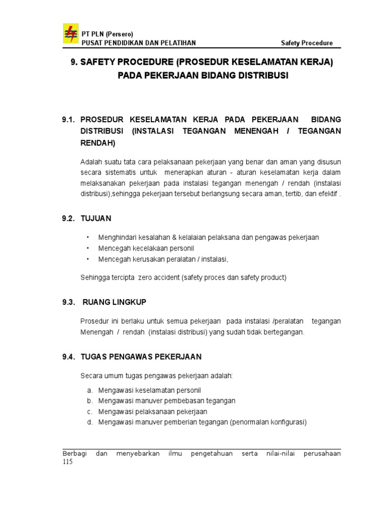 9.a. Safety Procedure Pada Pekerjaan Bidang Distribusi | PDF