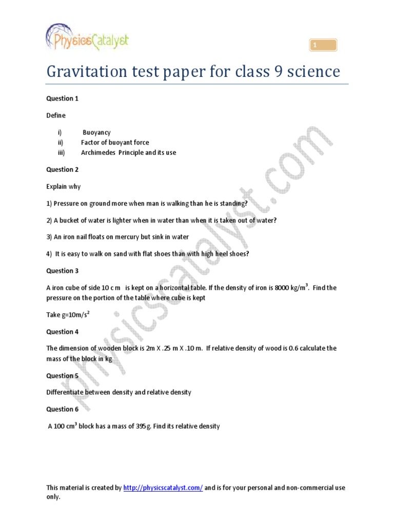 Gravitation Class 9 Test Paper | PDF