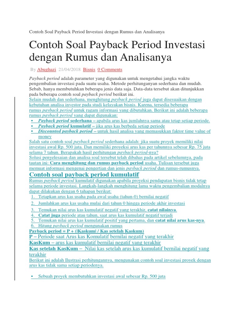 Contoh Soal Payback Period Investasi Dengan Rumus Dan Analisanya | PDF ...