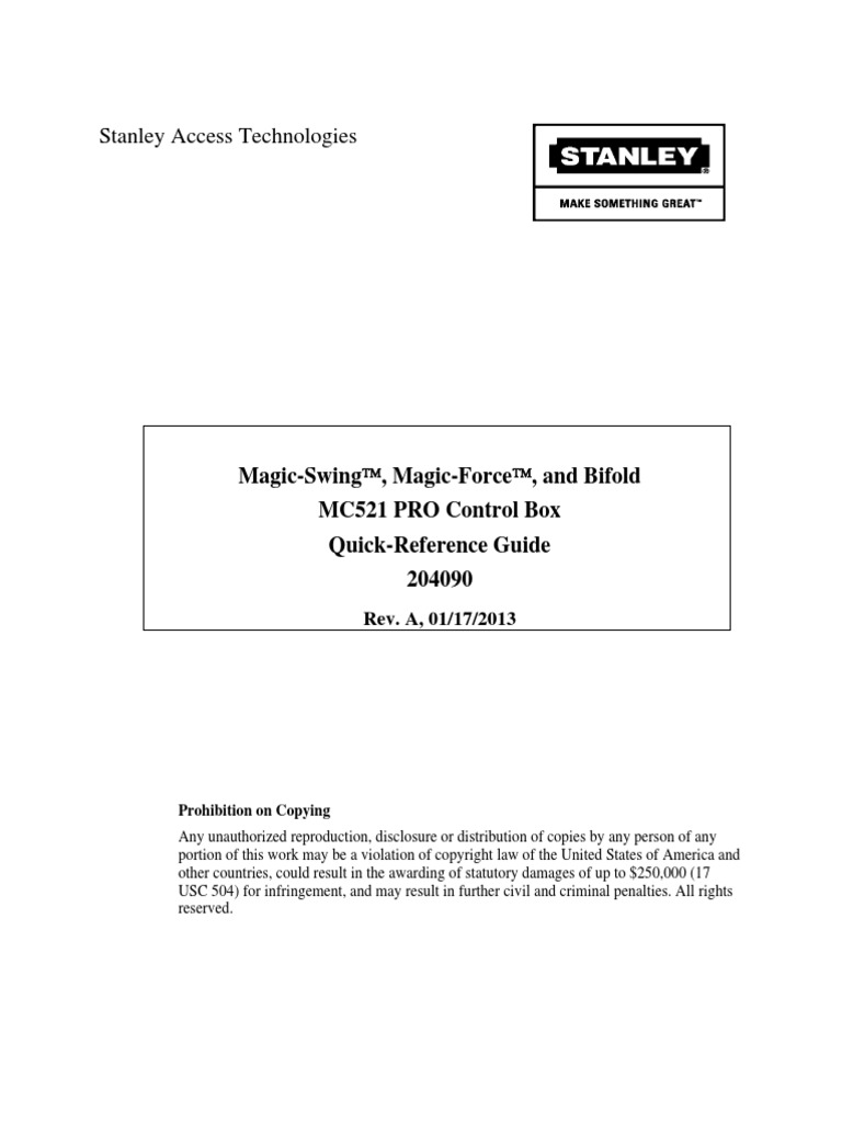Stanley Access Technologies: Magic-Swing MC521 PRO Control Box Quick ...