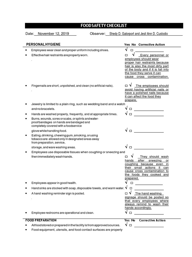 Food Safety Checklist Done | PDF | Kitchen Utensil | Refrigerator