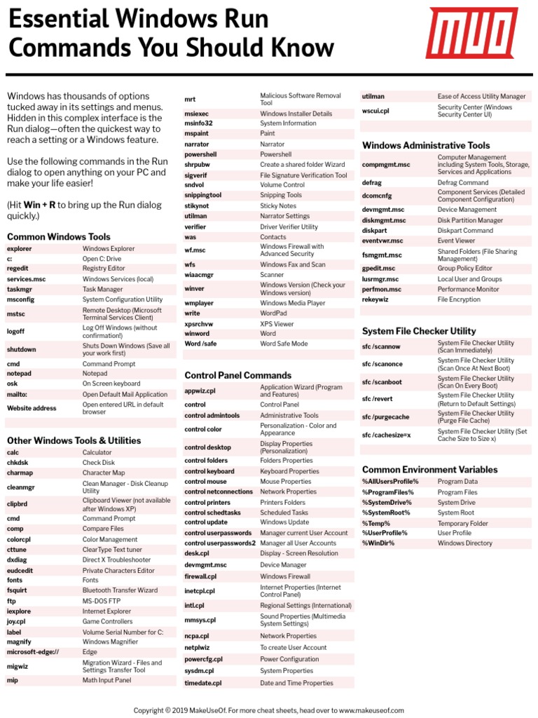 Essential Windows Run Commands | PDF | Microsoft Windows | Windows Registry