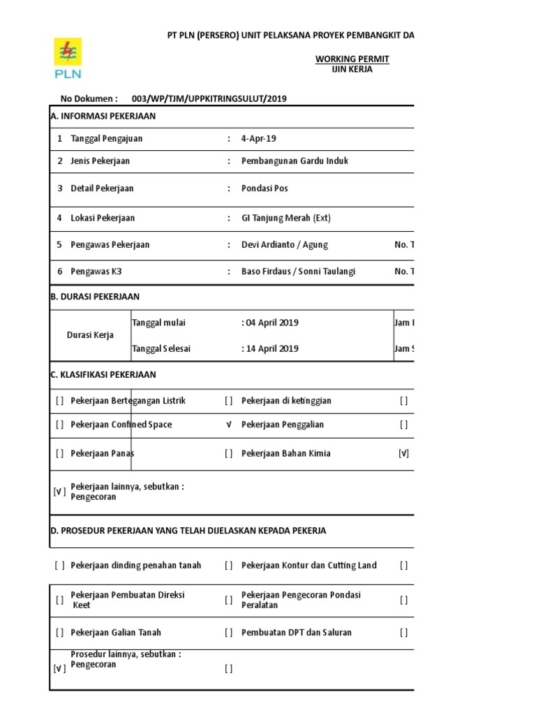 Working Permit 1 Pondasi Pos | PDF