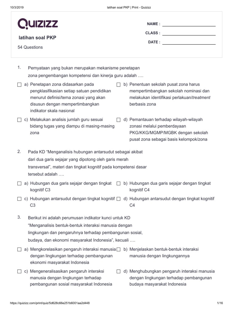 Latihan Soal PKP - Print - Quizizz | PDF