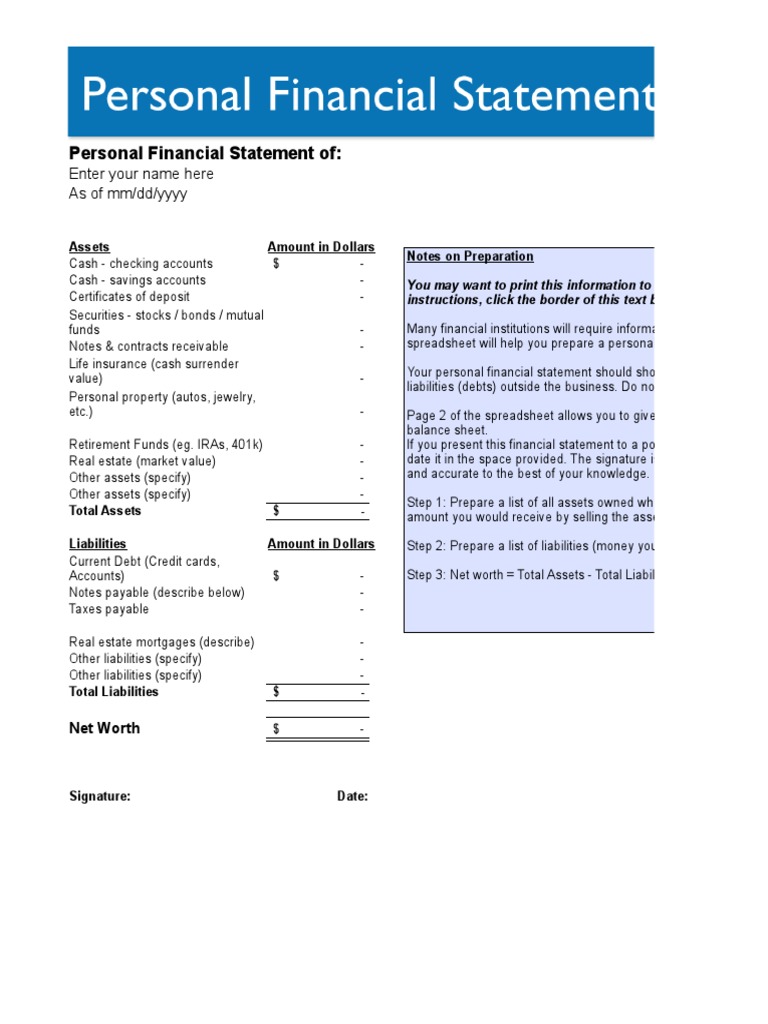 Personal Financial Statement Of:: Enter Your Name Here As of Mm/dd/yyyy ...