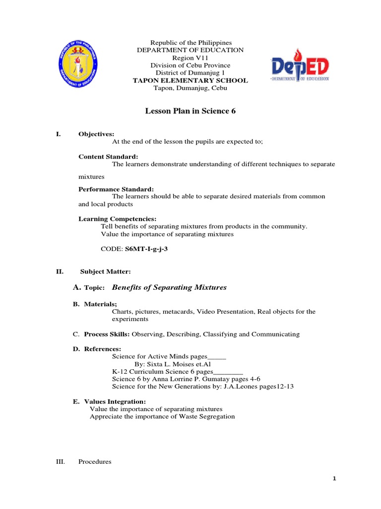 Lesson Plan Benefits of Separating Mixtures | PDF | Lesson Plan ...