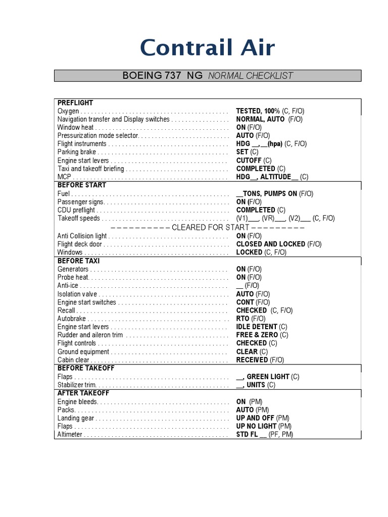 Contrail Air: Boeing 737 NG Normal Checklist | PDF | Flight Control ...