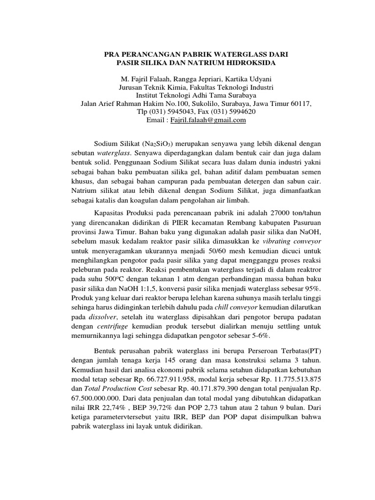 Pra Perancangan Pabrik WaterGlass Dari Pasir Silika Dan Natrium ...