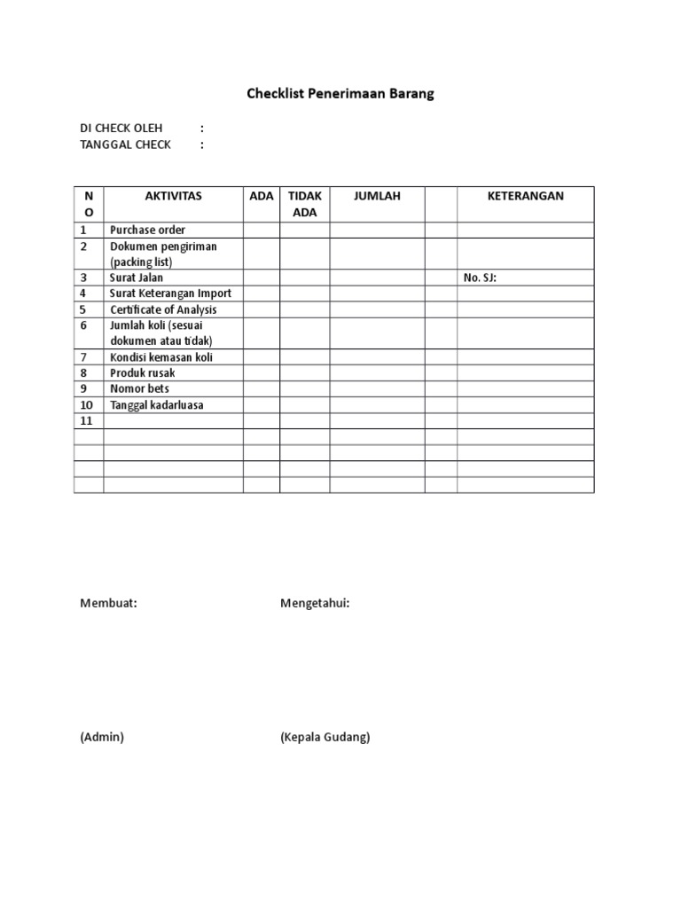 Checklist Penerimaan Barang | PDF