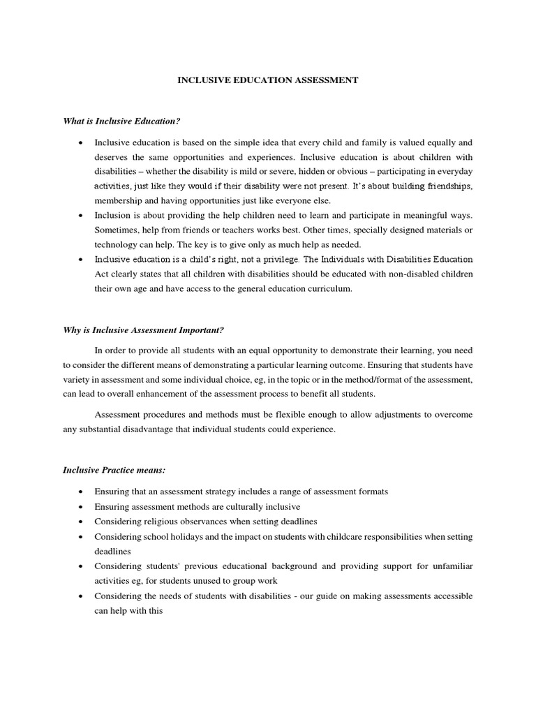 Inclusive Education Assessment | PDF | Inclusion (Education ...
