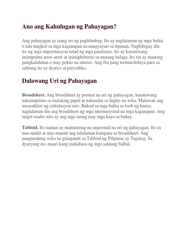 Ano Ang Kahulugan NG Pahayagan | PDF