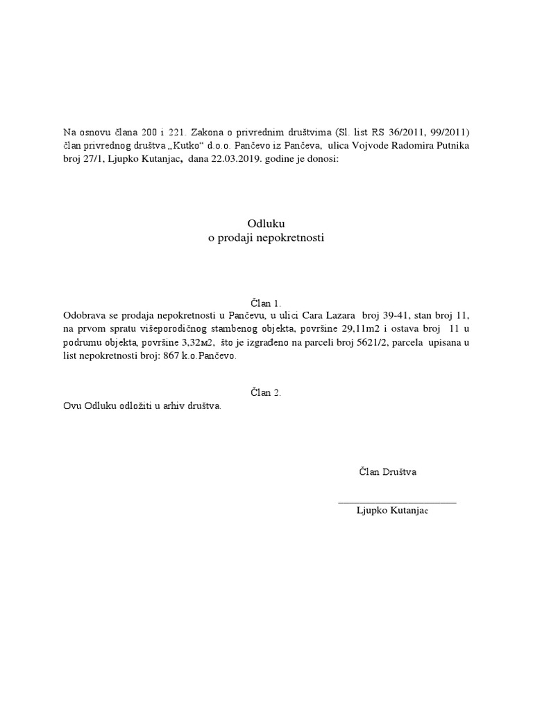 Odluka o Prodaji Nepokretnosti | PDF