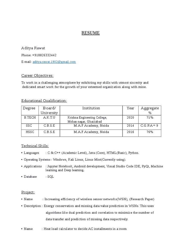 Aditya Rawat's Technical Resume | PDF | Computers