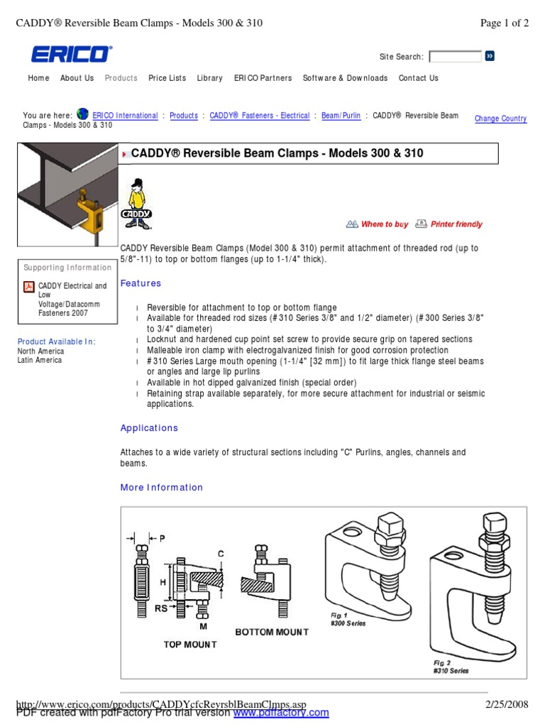 Page 1 of 2 CADDY® Reversible Beam Clamps - Models 300 & 310 | PDF ...